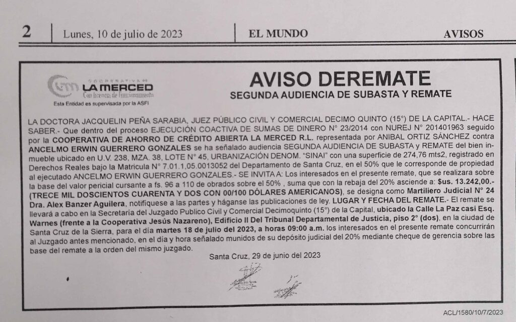 Avisos de Remate - Cooperativa La Merced