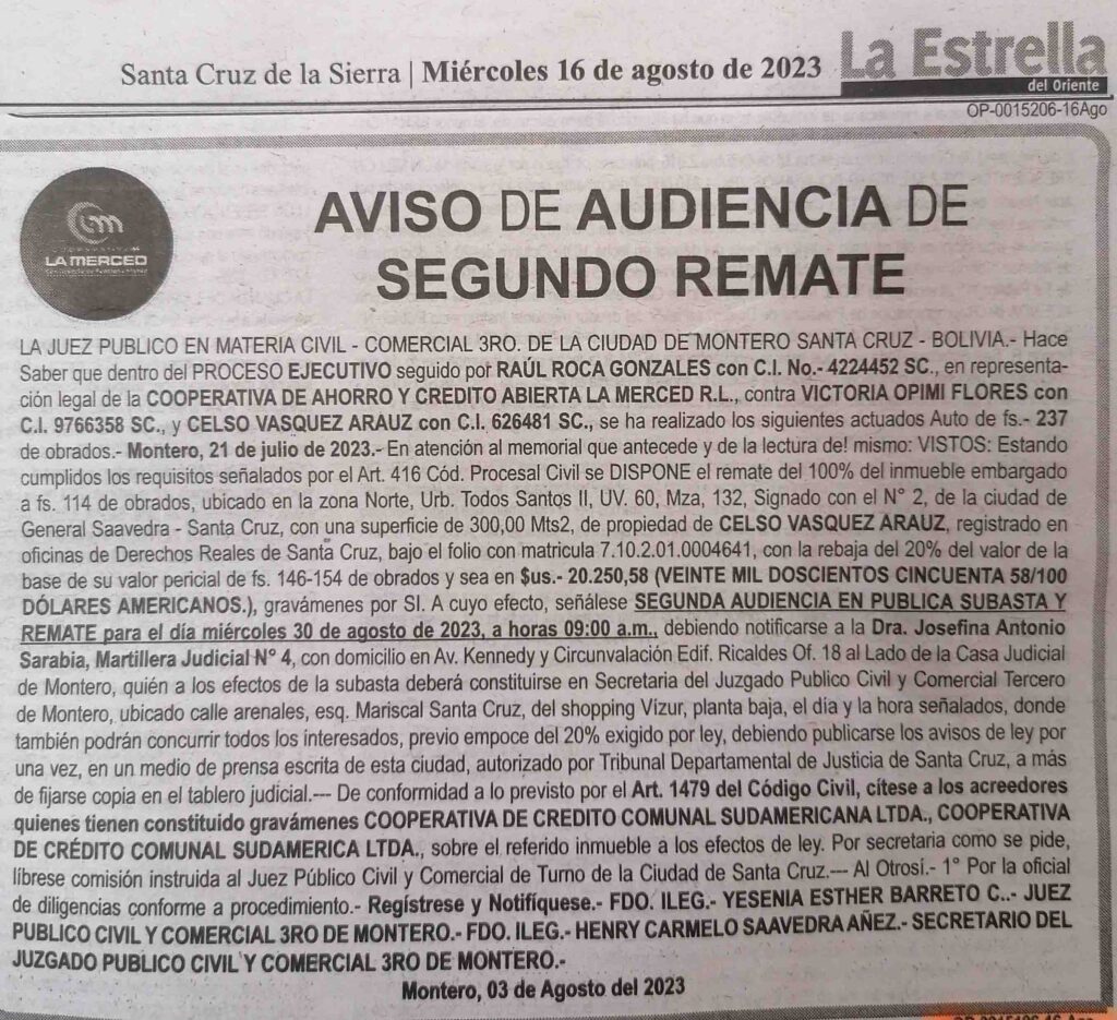 Avisos de Remate - Cooperativa La Merced