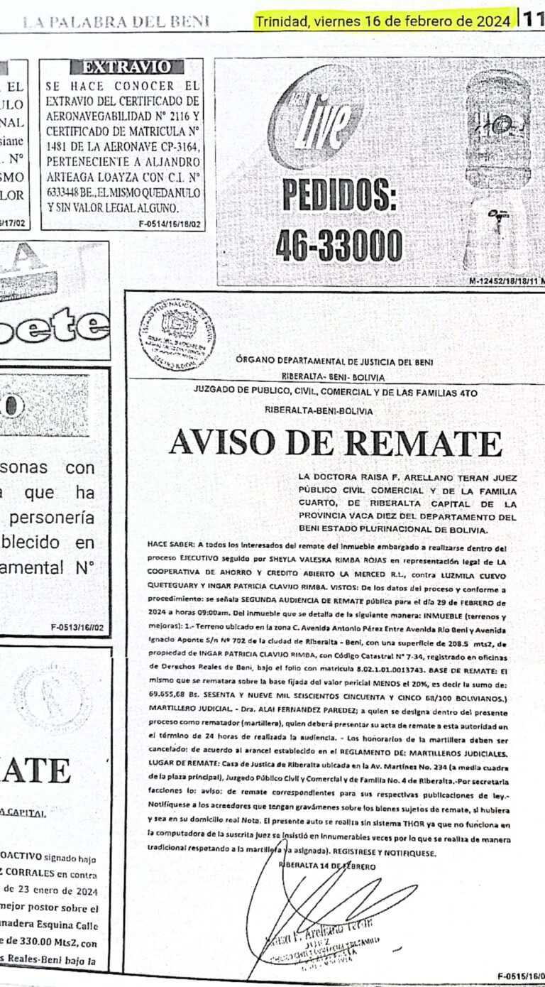 Avisos de Remate - Cooperativa La Merced