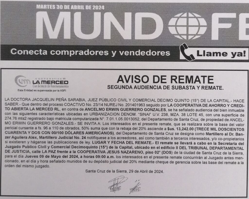 Avisos de Remate - Cooperativa La Merced