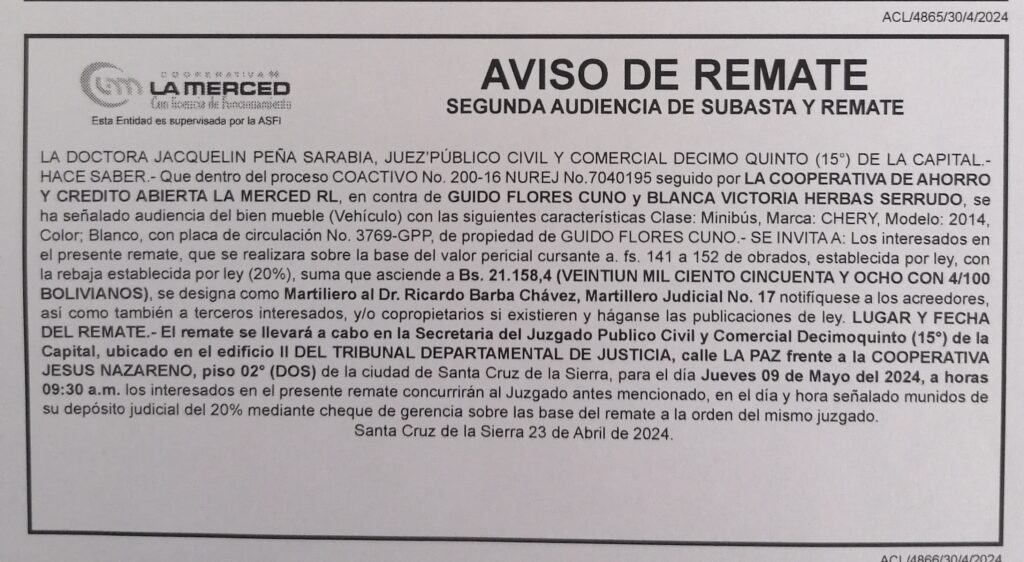 Avisos de Remate - Cooperativa La Merced